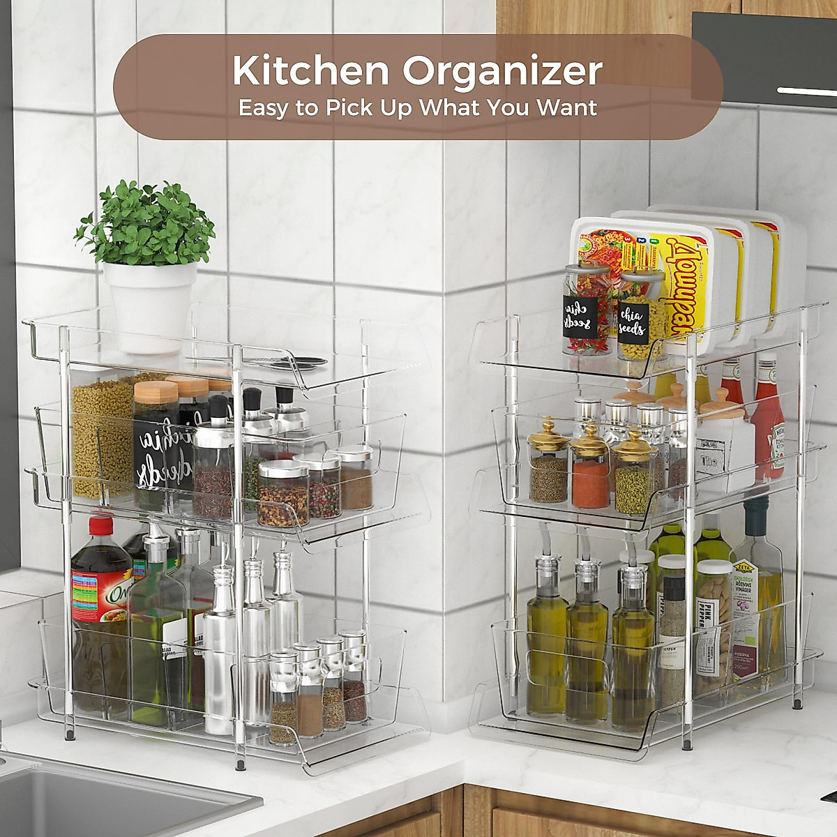 3 Tier Clear Bathroom Organizers, Pull Out Organizers and Storage, Slide Out Acrylic Drawer Organizer with 6 Dividers, Multi-Purpose Bathroom Organizer, Under Sink Organizer, Medicine Cabniet Bins