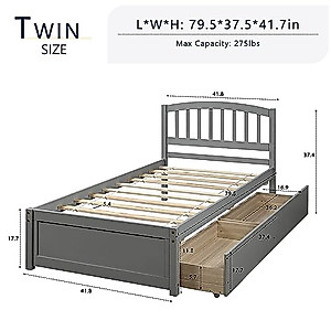 Altillo Twin Size Country Wooden Platform Bed Frames with 2 Storage Drawers/Headboard, Modern Platform Bed with Solid Wood Slat Support for Bedroom Boys Girls Adults Teens, Noise-Free (Gray)