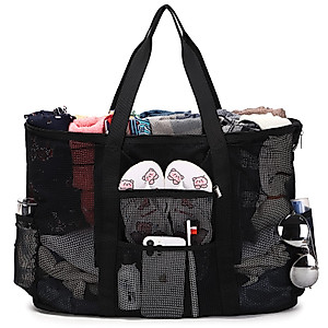 Eslcorri Mesh Beach Tote - Extra Large Beach Bag with 11 Pockets Foldable Tote Bag Womens Shoulder Handbag Oversized Casual Gift Pool Bag Travel Essentials for Swimming Gym Toys Kitchen 24.8x9.4x14.6