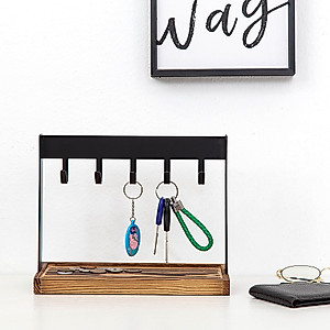 ExoLiry Metal 5-Hook Table Key Holder Torched Wood Base Rustic Industrial Tabletop Countertop Organizer Matte Rack Hanging Hooks Burnt Wooden Bottom Slot Rings Coins Accessories Jewelry Daily Supplies