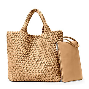 KALIDI Woven Tote Bag, Women Macaron Soft Leather Weave Handbag Purse Wrist Bag Large Capacity Work Shopping Travel Daily