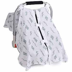 The Peanutshell Muslin Canopy Car Seat Cover, Breathable Lightweight 360° Protector Baby Car Seat Cover Size 36" x 24" - Gender Neutral Eucalyptus Pattern