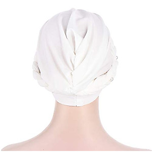 Fxhixiy Women Hijab Beading Pearl Braid Turban Hat Head Scarf Cancer Chemo Beanies Bandana Headwrap Cap (White)