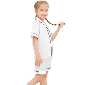 SWOMOG Toddler Girls Boys Silk Pj Cute Short Sleeve Button-Down Pajamas Set Nightwear Lounge Sets with Shorts White