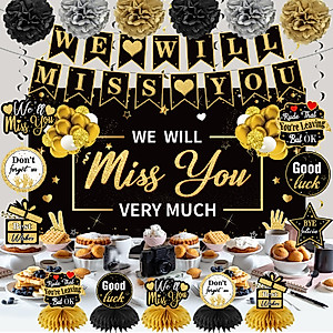 Turypaty Retirement Party Decorations Supplies for Men Women, 45PCS Black Gold Farewell Decorations, We Will Miss You Banner Backdrop Table Toppers Hanging swirls Pompoms Going Away Party Decorations