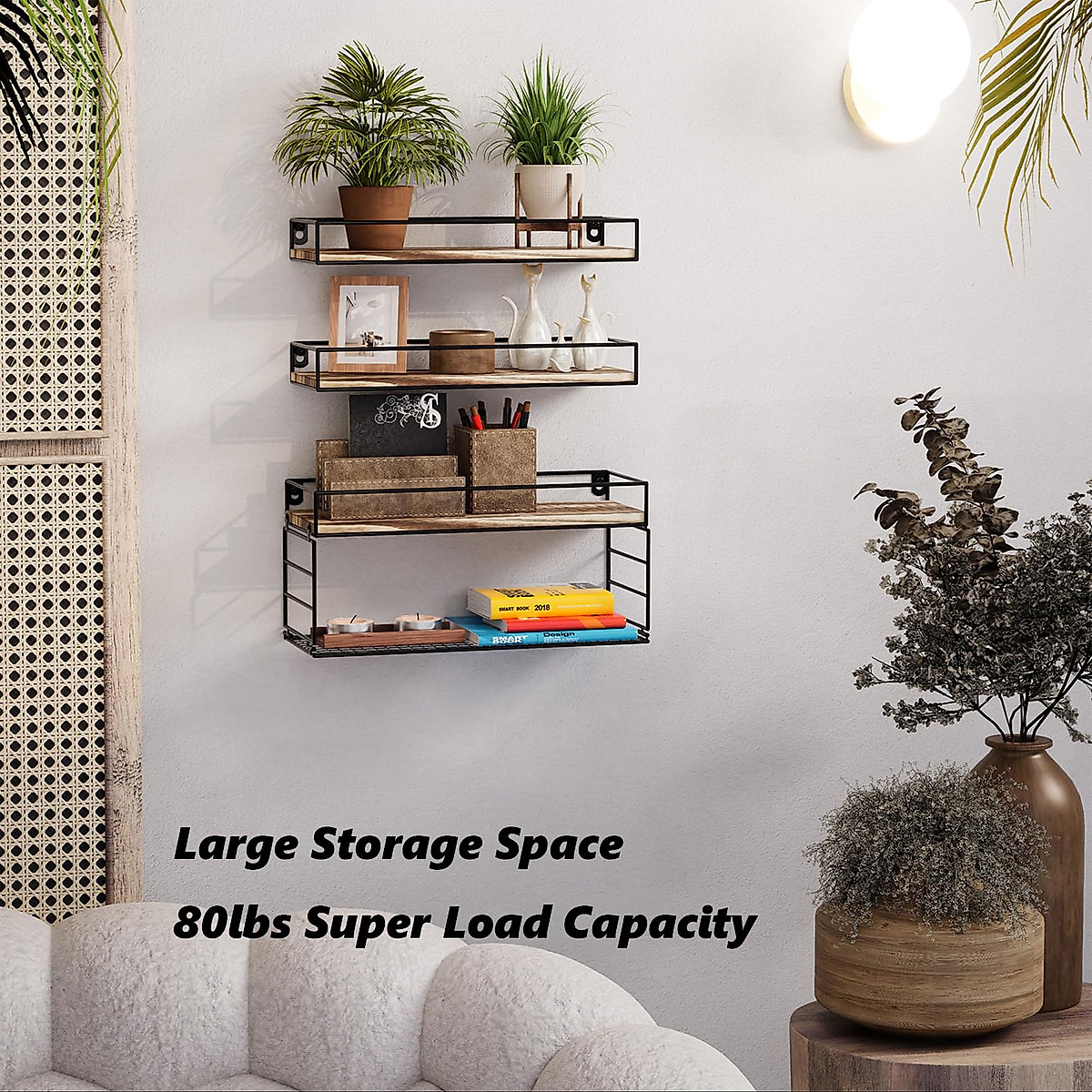 Oxendon Wall Mounted Bathroom Shelves Over Toilet, Farmhouse Wall Floating Shelf with Guardrail, Bathroom Decor for Bedroom Living Room Kitchen, Rustic Brown (16.2 Inch Set of 3)