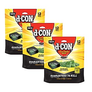 D-Con Corner Fit Mouse Poison Bait Station 12 Bait Refills, Pack of 3