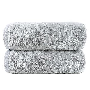 Pidada Hand Towels Set of 2 Hydrangea Floral Pattern 100% Cotton Absorbent Soft Decorative Towel for Bathroom (Light Grey)