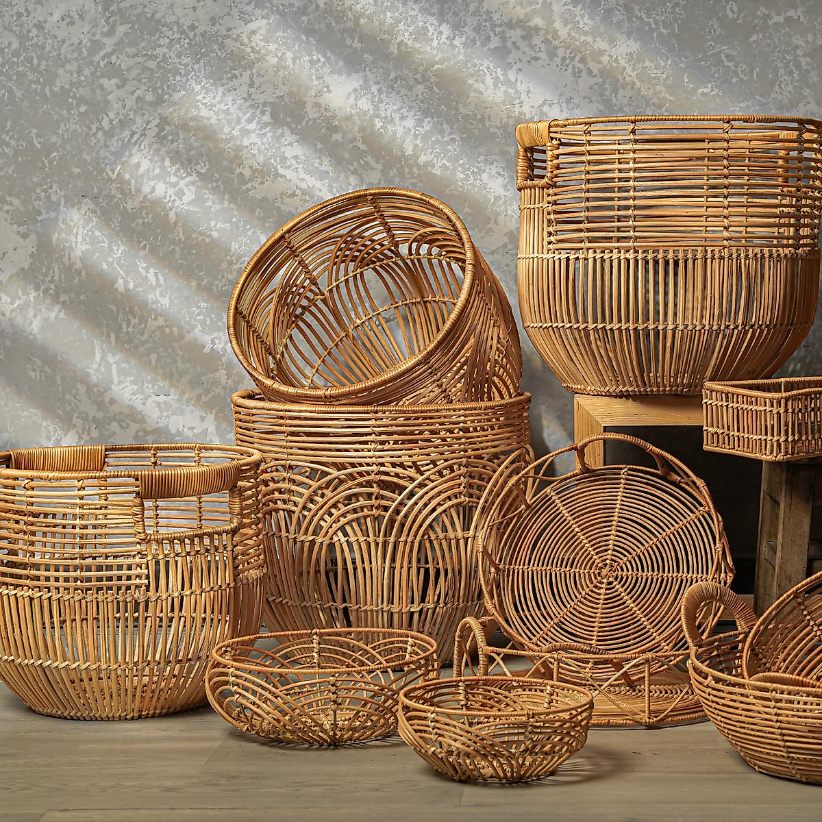 X AVIA HANDICRAFTS Set Of 2 Large Woven Blanket Baskets With Handles | Round Wicker Rattan Storage Floor Baskets for Shoe In Living Room | Extra Big Boho Rattan Laundry Baskets For Pillow, Blanket