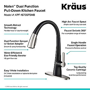 Kraus KPF-1673SFSMB Nolen Dual Function Pull, Faucets for Kitchen Sinks, Single-Handle, 16 3/8 Inch, Spot Free Stainless Steel/Matte Black