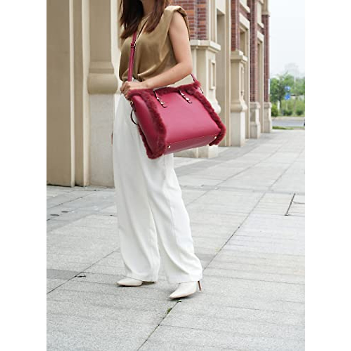 MKF Collection Fuzzy Tote Bag for Women Top-Handle Fluffy Faux Fur Crossbody Vegan Leather Purse