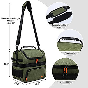 MIER Dual Compartment Lunch Bag Tote with Shoulder Strap for Men and Women Insulated Leakproof Cooler Bag, Army Green