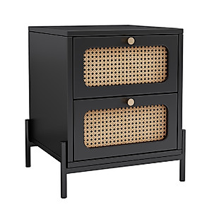 Yiwa Modern End Table with 2 Drawers, Table Side, Rattan Wood Nightstand for Bedroom Living Room Black