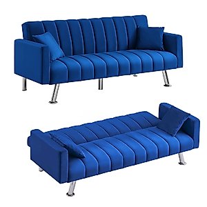 AWQM Sofa Bed, Upholstered Convertible Sofa Bed with 2 Pillows, Modern Velvet Sleeper Sofa Couch with Wooden Frame and Metal Legs, Small Couch for Living Room Bedroom Office (Blue)