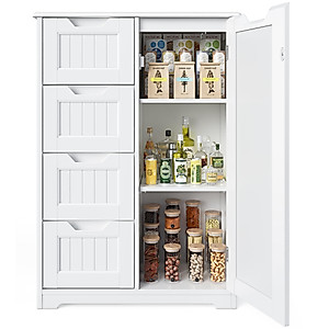 Gizoon 33" Small Kitchen Pantry Storage Cabinet with Door and Shelves, Pantry Cabinet Storage Cupboard, Freestanding Wooden Dresser with 4 Drawers for Bathroom and Dining Room, White