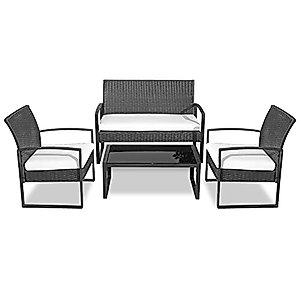 SereneLife 4 Piece Conversation/Chat Set, Outdoor Living Rattan Furniture, includes 1 Double & 2 Single Chairs with Cushion & 1 Glass-top Coffee Table, Black