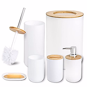 6 Pcs White Bathroom Accessories, Bamboo Bathroom Accessories, Includes Soap Dispenser, Toothbrush Holder,Rinse Cup,Soap Dish, Waste Bin,Toilet Brush-Practical Toilet Kit for Home Washing Room (White)