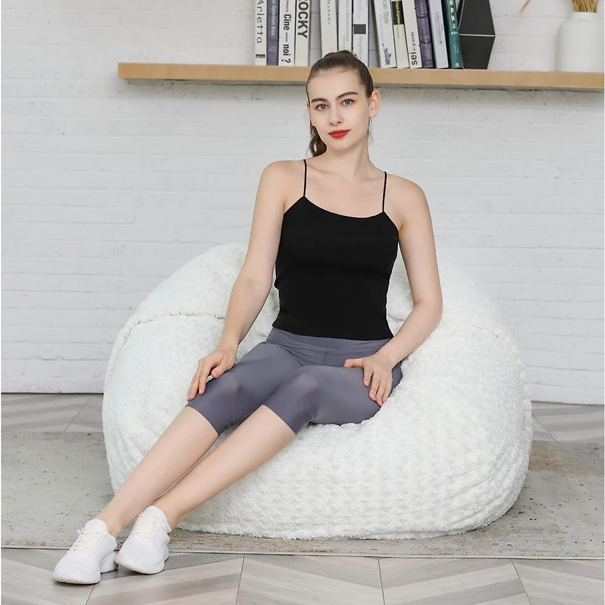 GVAPE 3ft Round Bean Bag Chair, White Casual Lazy Sofa, Filled with high Elastic Foam Sponge, Soft and Warm Artificial Fur, Single Fluffy Chair, Adult Entertainment for Bedroom and Living Room