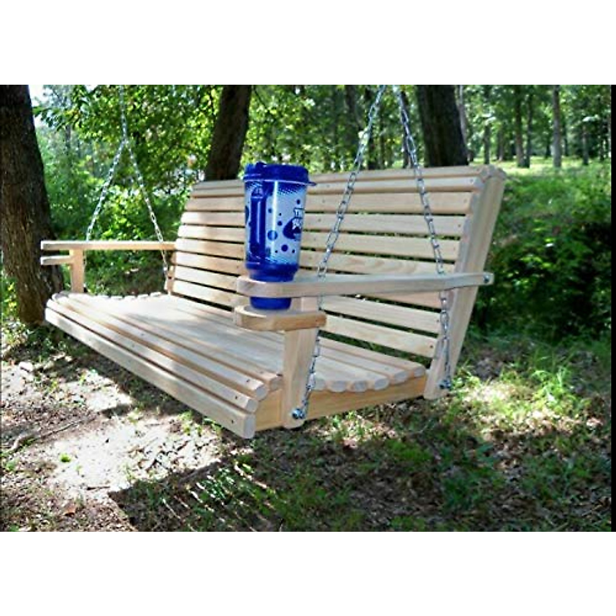 Ecommersify Inc 5 Ft USA Made Cypress Roll Back Porch Swing with Swing-Mate™ Comfort Springs and Cup Holder Arm and Stainless Steel Hardware Upgrade