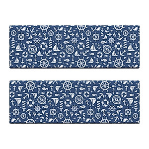 Ambesonne Sailboat Bench Cushion Set of 2, Diagonal Hatched Nautical Elements Ship's Wheel Anchor and Marine Animals, Standard Size Foam Pad and Decorative Cover, 45" x 15" x 2", White Blue
