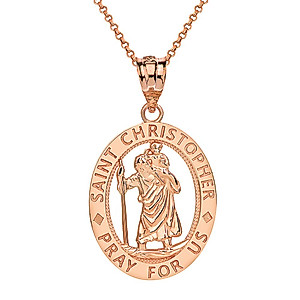 CaliRoseJewelry 14k Saint Christopher Pray for Us Oval Charm Pendant Necklace in Rose Gold, 18"