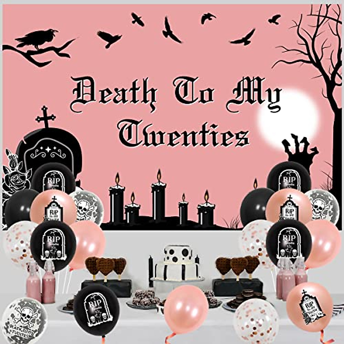 Funeral 30th Birthday Party Decorations for Women Black Rose Gold - Balloon Garland Death to My Twenties Backdrop Rip to My 20s Sash Number 30 Balloon for Funny Gothic Tombstone Skeleton Thirty Bday