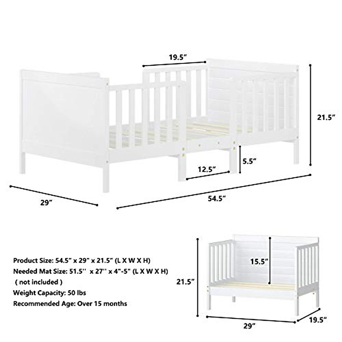 Costzon 2 in 1 Convertible Toddler Bed Frame, Converts to Two Chairs, Classic Wood Kids Bed w/Double Side Safety Guardrails, Footboard for Extra Safety, Fits Full Size Crib Mattress (White)
