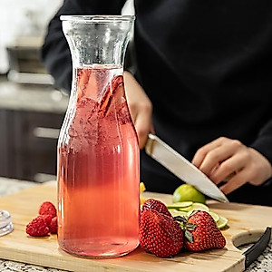 AYL Set of 2 Glass Carafe with Lids, 32 Oz Water Pitcher Beverage Serveware Carafe, Clear Glass Pitcher for Mimosa Bar, Cold Water, Brunch, Wine, Juice, Milk, Iced Tea, Lemonade,1 Hand Pour Lid