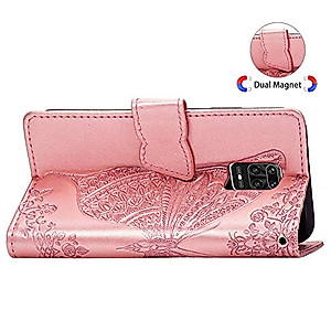 MRSTERUS Leather Case Redmi Note 9S Case Embossed Butterfly Premium PU Leather Folio Magnetic Stand Shockproof Wallet Case Cover with Card Slots for Redmi Note 9 Pro Butterfly Rose Gold SDB