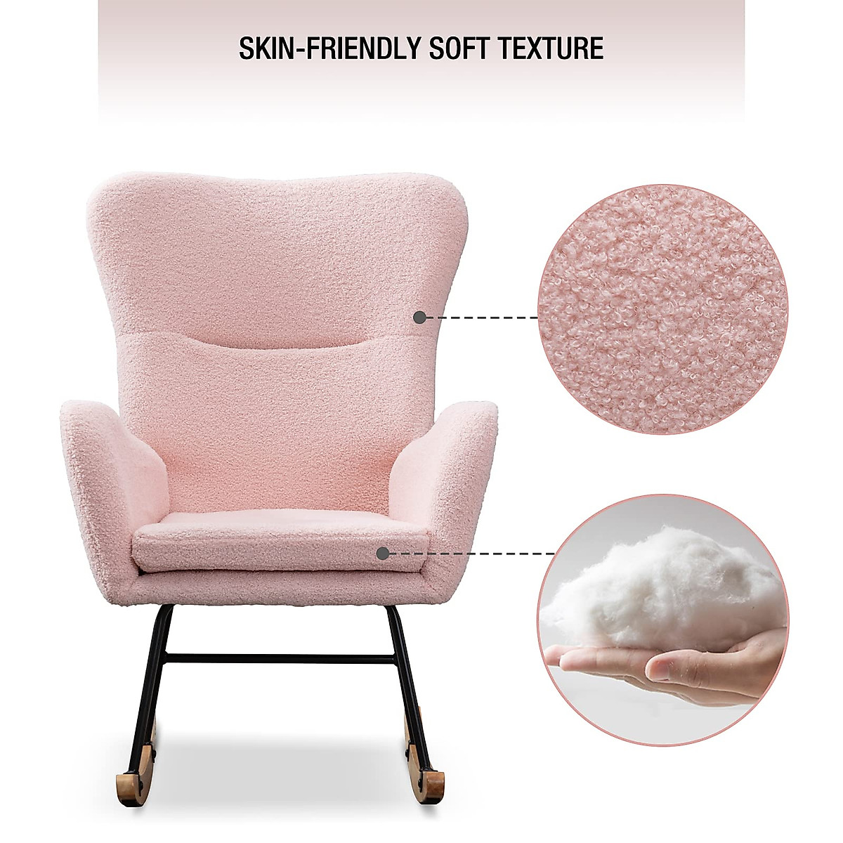 ONPNO Modern Rocking Accent Chair, High Backrest Glider Rocker for Baby Nursery, Uplostered Comfy Armchair for Living Room Bedroom (Pink)