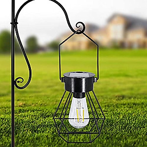 Hanging Solar Lanterns Outdoor Decor - 2 Pack Solar Decorative Table Lights with Edison Bulbs for Patio Waterproof (Black)