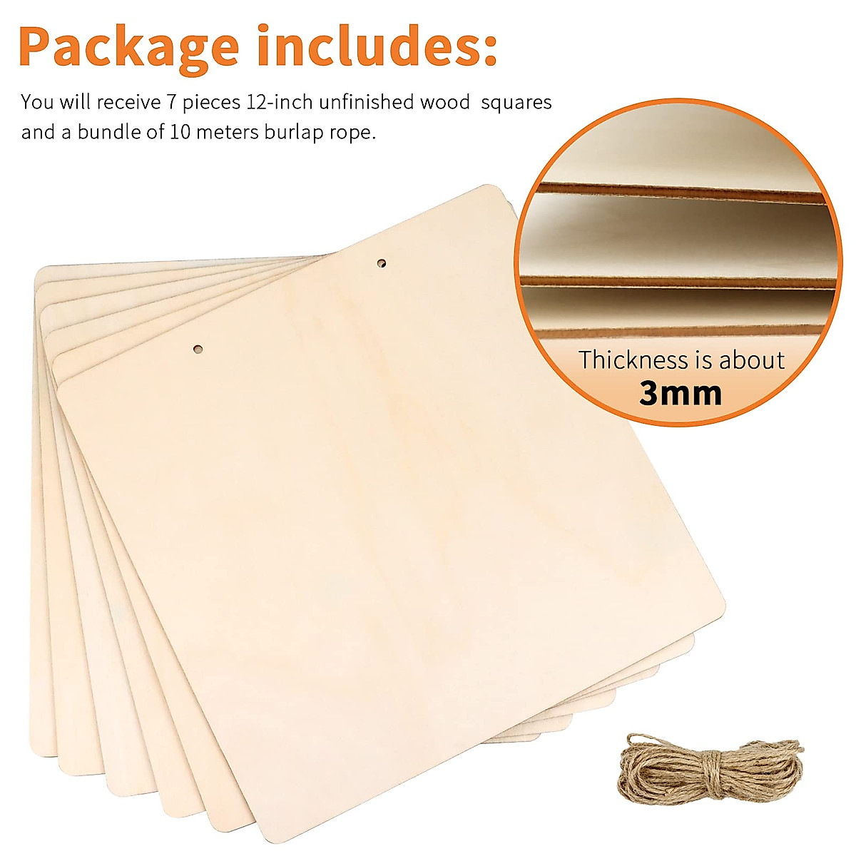 FSWCCK 7 Pieces 12 Inch Blank Wood Squares for Crafts, Unfinished Wood Squares Wooden Cutouts for DIY Crafts, Door Hanger, Sign, Wood Burning, Painting, Halloween, Christmas Home Decorations