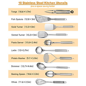 Abodpove Stainless Steel Cooking Utensils Set - 11pcs Kitchen Utensils Set with Holder for Cooking, Stainless Steel Utensils Set with Potato Masher, Skimmer, Spoons, Turners, Whisk, Tongs