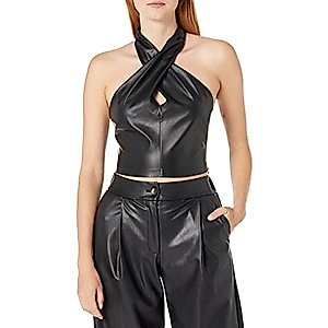 The Drop Women's Gage Vegan Leather Twist Front Halter Top, Black, S