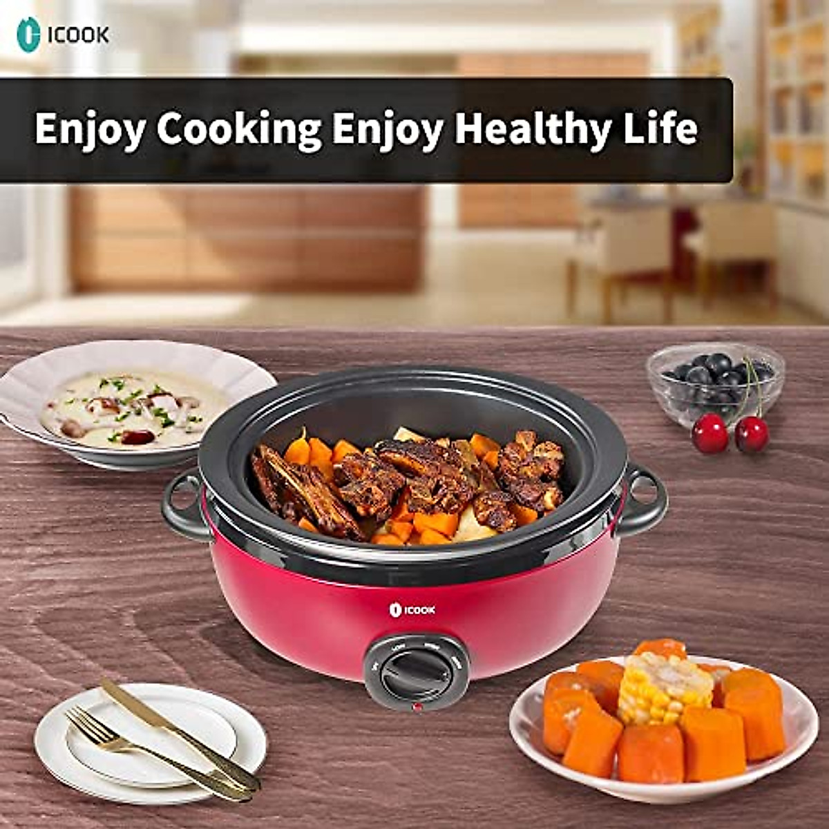 ICOOK USC-35-OP001RD 3.5 Quart Slow Cooker,Aluminium Sear/Sauté Stew Pot Stovetop safe,Dishwasher Safe,Glass Lid,Adjustable Temp,Food Warmer,Red