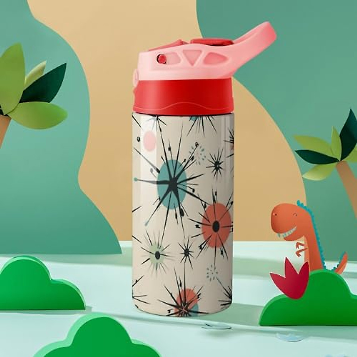 Stainless Steel Water Bottles Atomic Stars Retro Pattern Travel Water Cups with Handle And Silicone Straw Drinking Cup with Leak Proof Lid Thermo Travel Mug for Women Men
