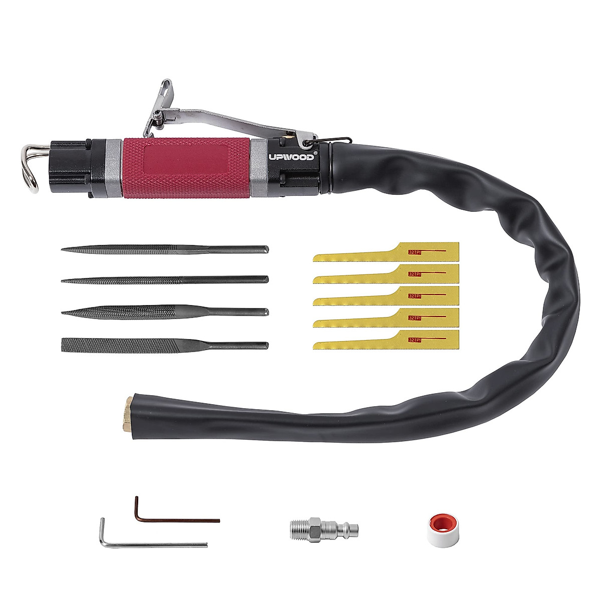 Air Reciprocating File Body Saw, Multi-function Low Vibration 8000spm Pneumatic Cutting Tool & Abrasive Tool with 4 Files and 5 Saw Blades (Stroke Length: 5mm)