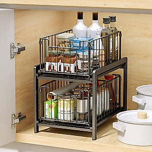 Pull-out Organizer 2 Tier Metal Under Sink Cabinet Organizer Sliding Drawer Home Storage Rack (Black)