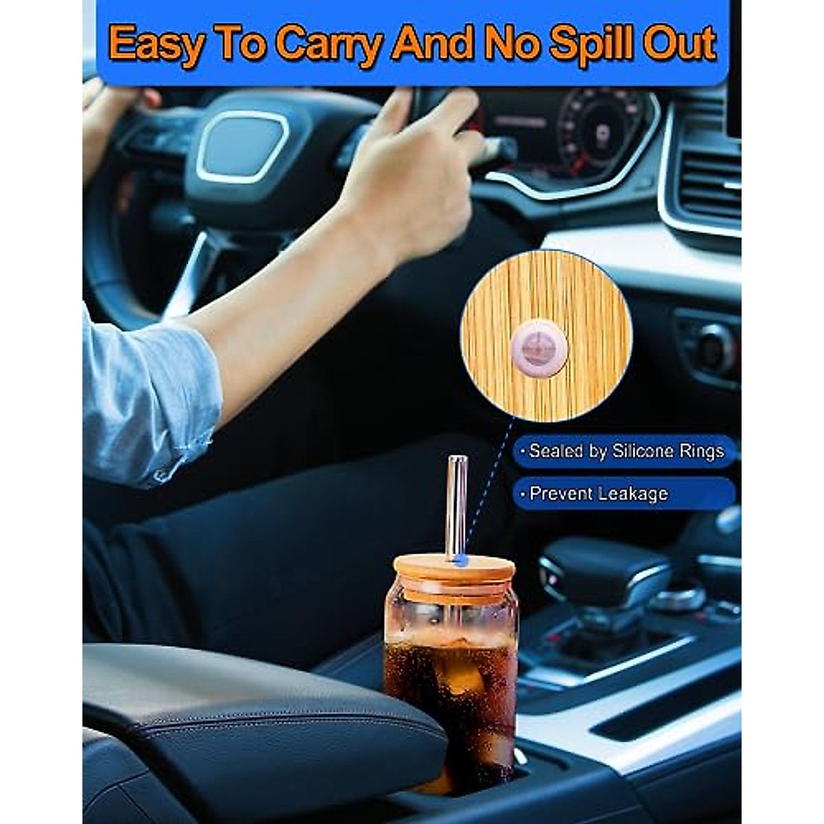 Yooler Glass Cups with Lids and Straws - 16oz Can Shaped Drinking Beer Glasses, Iced Coffee Cups, Cute Glass Tumbler with Straw and Bamboo Lid, Ideal for Cocktail, Whiskey, Gift (Set of 4)