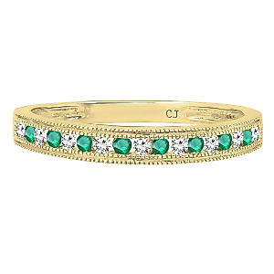 Dazzlingrock Collection Round Emerald & Diamond Ladies Millgrain Anniversary Wedding Stackable Band, 14K Yellow Gold, Size 7