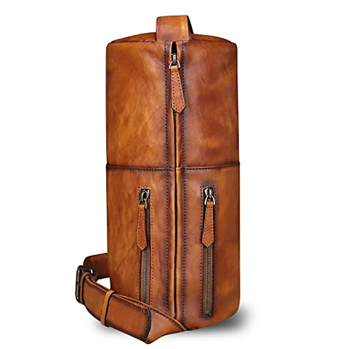 LRTO Genuine Leather Sling Bag for Men Crossbody Sling Backpack Handmade Motorcycle Chest Bag Hiking Daypack Purse (Brown)