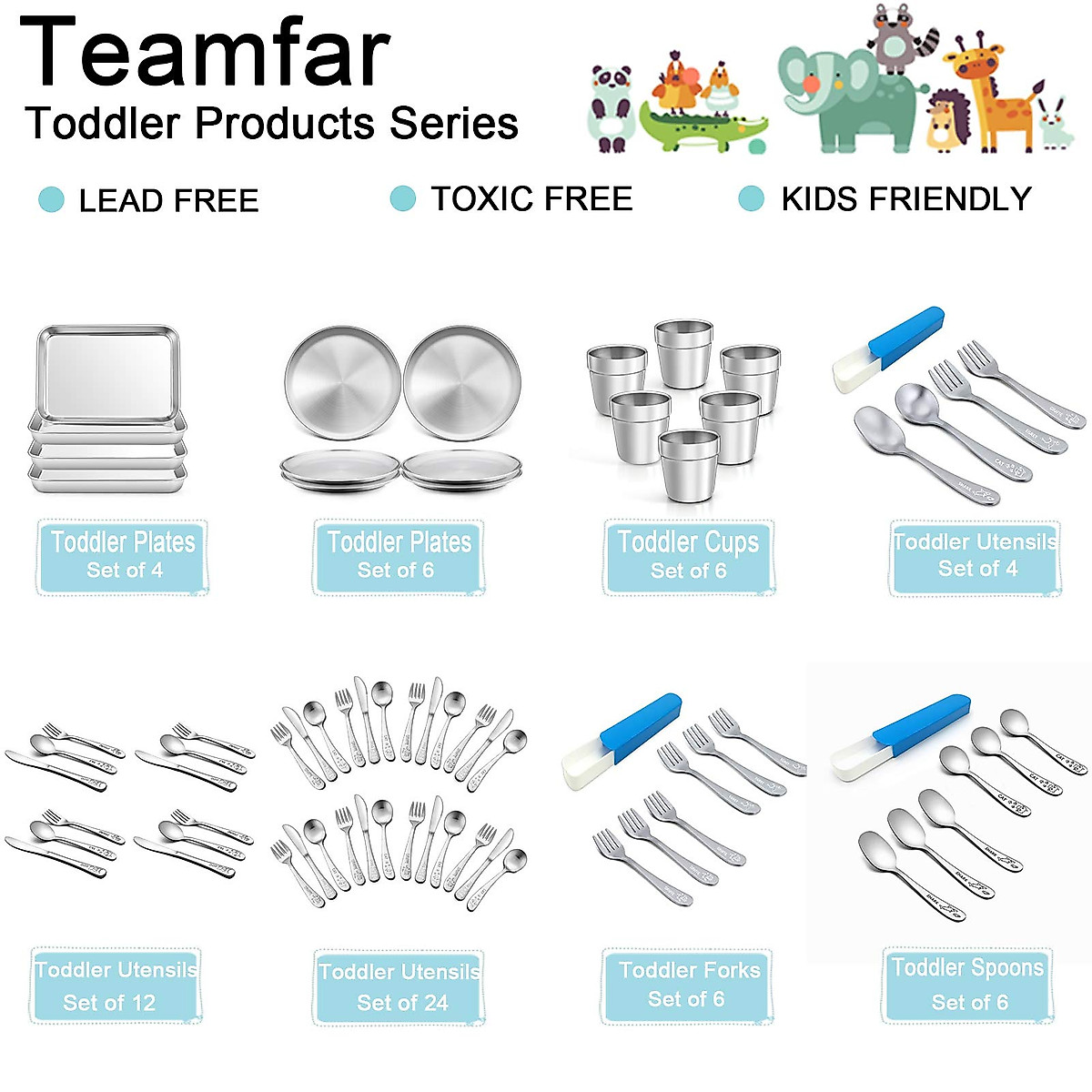 TeamFar Kids Plates Set of 4, 7.3"×5.3"×0.8", Toddler Plate Children Training Trays Set Stainless Steel for Dinner Fruit Salad, Healthy & Toxic Free, Oven & Dishwasher Safe, Sturdy & Mirror Finish