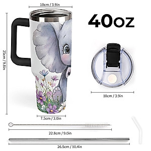 40 Oz Cute Baby Elephant Insulated Stainless Steel Tumbler with Handle & Straw Lid, Reusable Travel Cupholder Friendly Mug for Coffee, Water, Tea