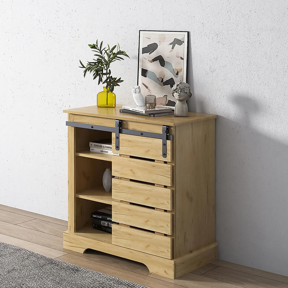 IULULU Buffet Cabinet, Wooden Accent Sideboard with Sliding Barn Door and Interior Shelves for Hallway, Kitchen, Living Room, Bedroom Table, Natural