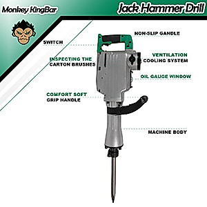 Monkey King Bar- 110v 1520W Heavy Duty Electric Demolition Jack Hammer Concrete Breaker MKB-65A- Chisel & Point Chisel Bit Hand Gloves w/Case
