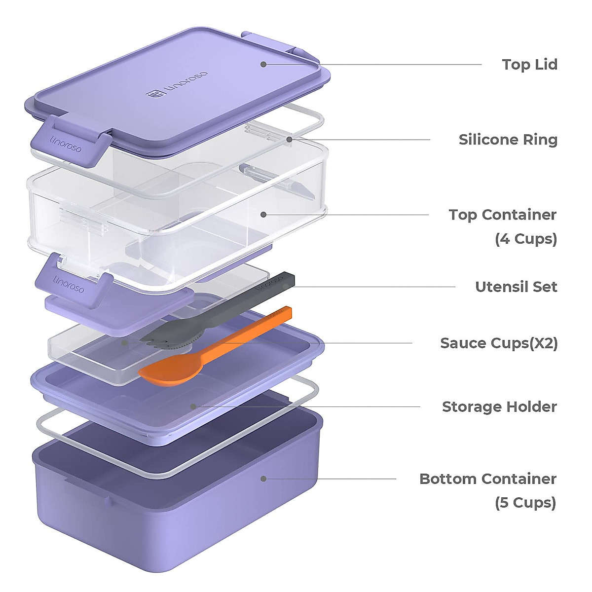 linoroso Stackable Bento Box Adult Lunch Box | Meet All You On-the-Go Needs for Food, Salad and Snack Box, Premium Bento Lunch Box for Adults Include Utensil Set, Dressing Containers - Veri Peri