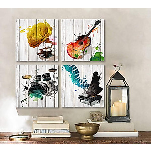 4 Pieces Music Canvas Wall Art Guitar Piano Phonograph and Drum Set Paintings Prints Wooden Style Gift for Music Lover Wall Decor for Music Studio Living Room Bedroom Home decor Framed Ready to Hang