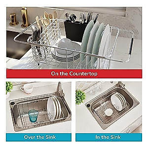 KESOL Over The Sink Drying Rack, Expandable Dish Rack with 2 Utensil Holders (1 Plastic & 1 Steel), 304 Stainless Steel Drying Rack for Kitchen Sink with Anti-Scratch Base, Rustproof Dish Drainer
