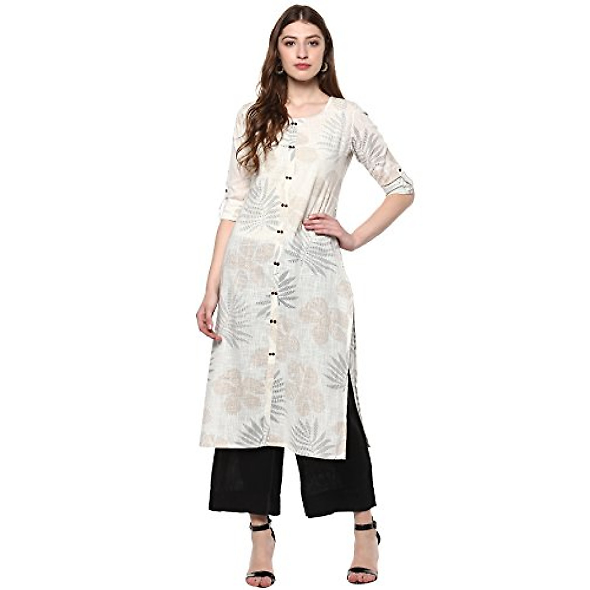 Janasya Indian Women's Tunic Tops Cotton Kurti for Women(JNE2171-KR-437-M) Off-White