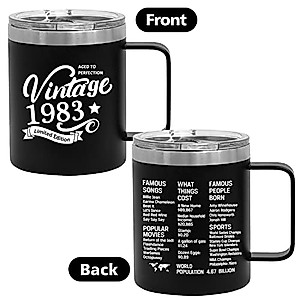 Vintage 1983 Stainless Steel Insulated Coffee Mug with Handle, 40th Birthday Stainless Steel Travel Coffee Cup with Lid Gifts for Women Men, 40th Birthday Spill Proof Reusable Thermos Coffee Mug 12oz